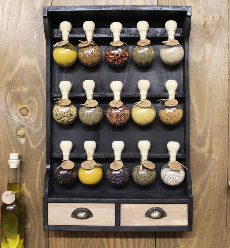 Wooden Spice Rack (black ) - Vintage Style Kitchen Storage - With 15 ...