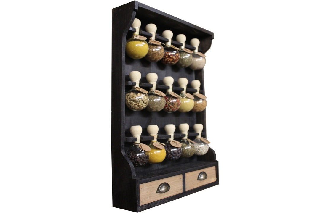 Wooden Spice Rack black Vintage Style Kitchen Storage With 15 Glass ...