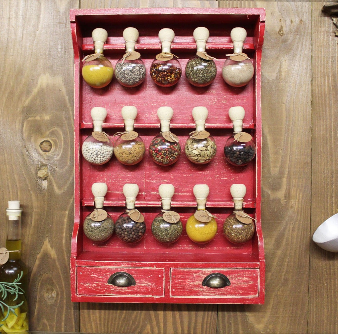Wooden Spice Rack (red Patina) - Vintage Style Kitchen Storage - With ...