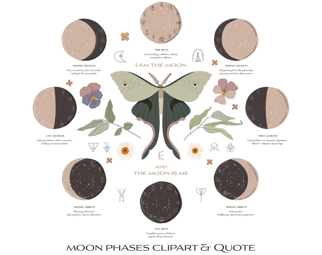 Moon Phases Calendar. Mystery Clipart Runes Butterfly Flowers Celestial ...