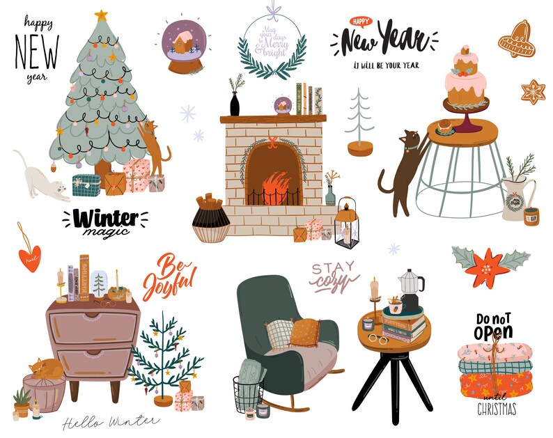 Christmas Interior Scene Clipart Winter Holiday Home Decor Illustration ...