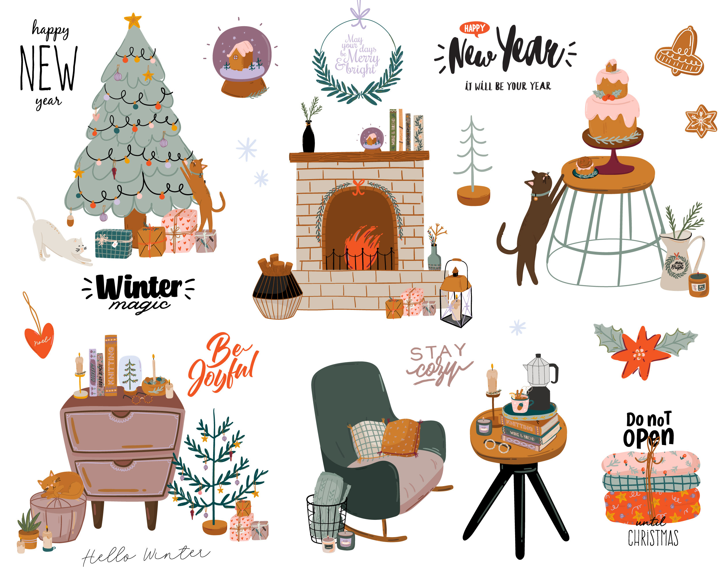 Christmas Interior Scene Clipart Winter Holiday Home Decor Illustration ...
