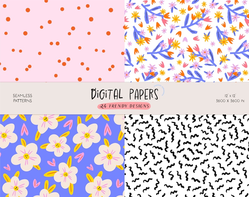 Cute Paper Pack. Digital Seamless Patterns Bundle Abstract Floral ...