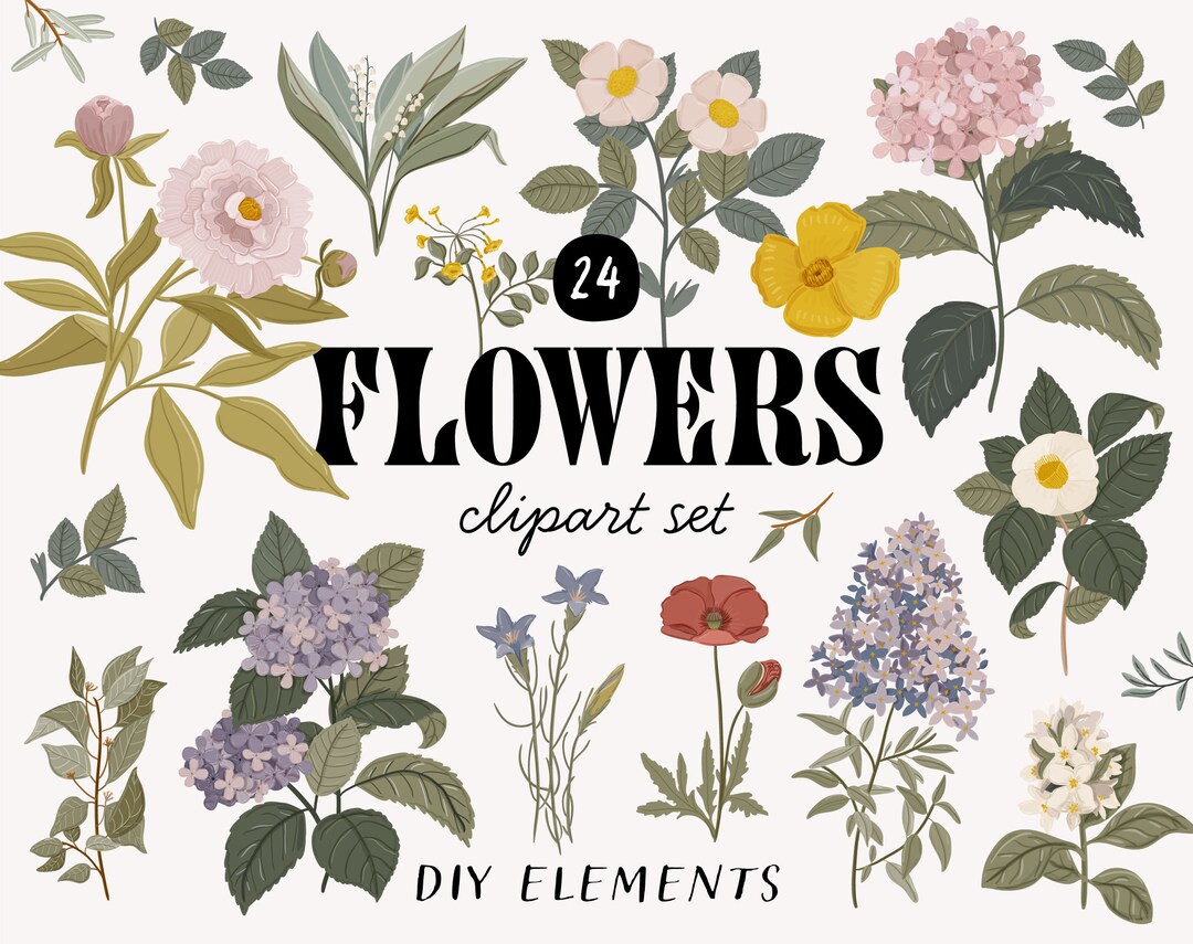 Digital Flowers Clipart, Floral Stickers, Hand Drawn Summer Flowers ...