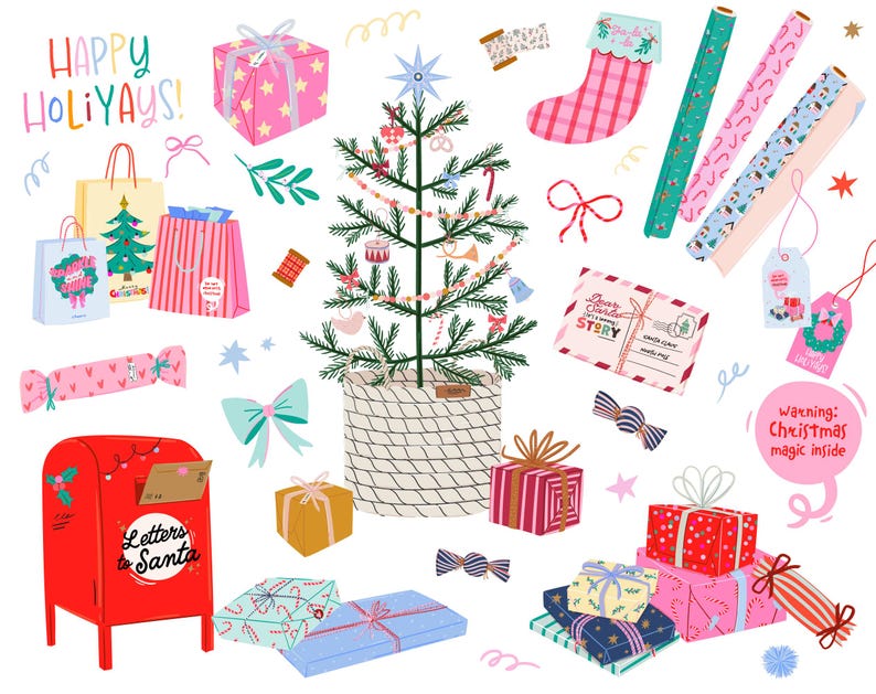 Cute Christmas Clipart Set, Holiday Gift Wrapping Illustrations ...