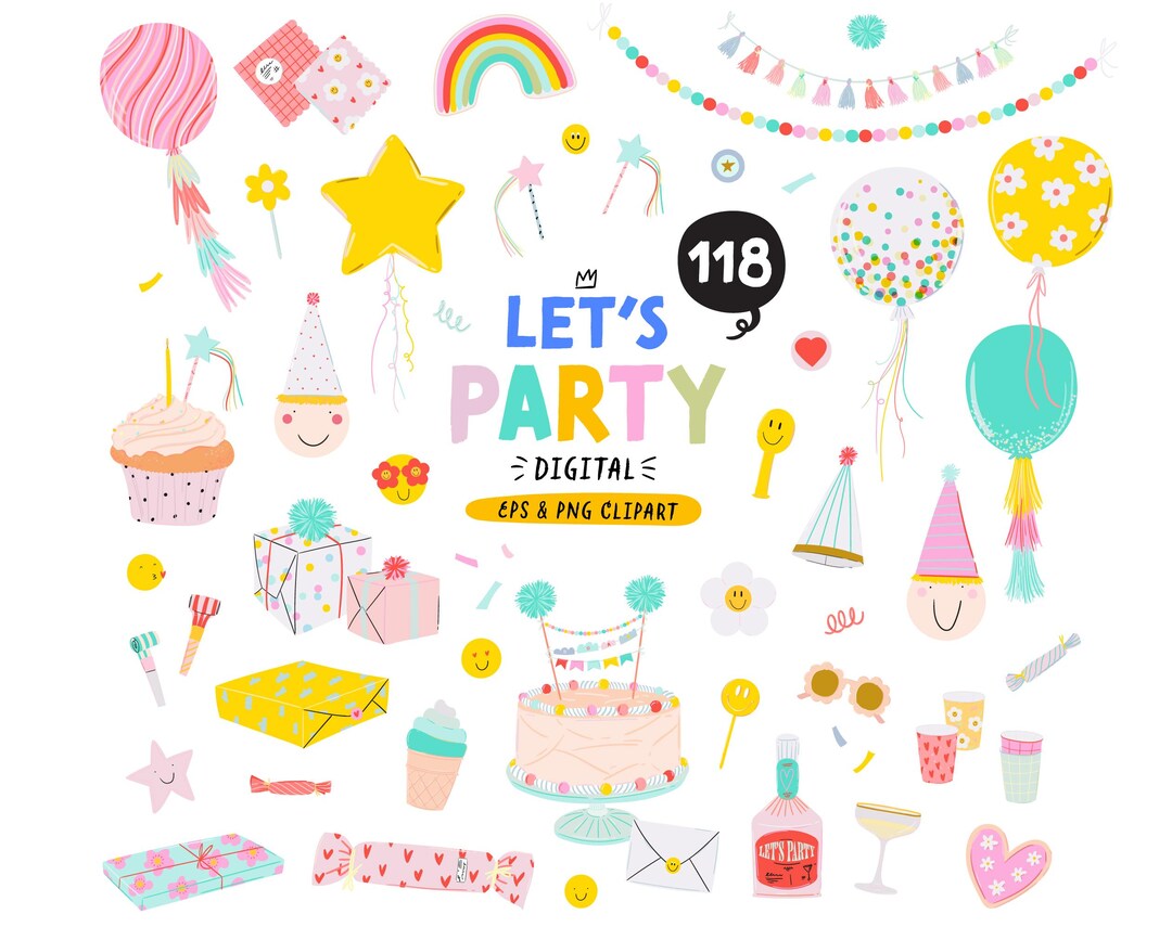 Party Clipart Bundle, PNG Digital Birthday Stickers, Celebration ...