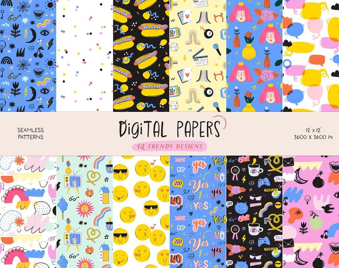 Cute Paper Pack Digital Seamless Patterns Bundle Abstract Doodle ...
