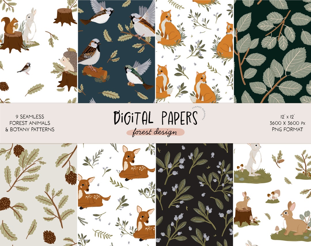 Forest Animals Digital Papers. Botany Seamless Pattern. Woodland ...