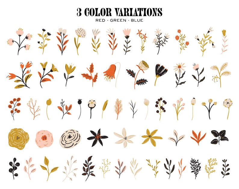 Digital Flowers Clipart PNG Hand Drawn Floral Illustration, Botanical ...