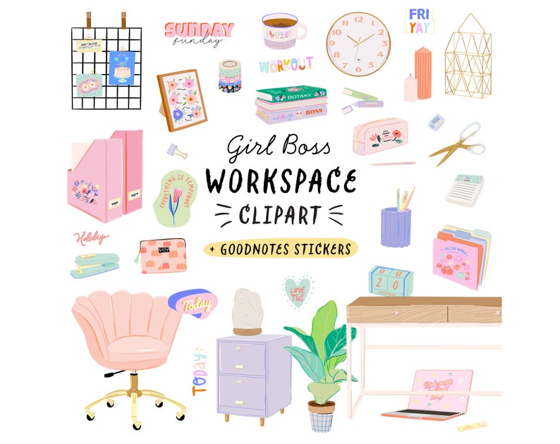 School Office Workspace Clipart Goodnotes Stickers, Girl Boss Study ...
