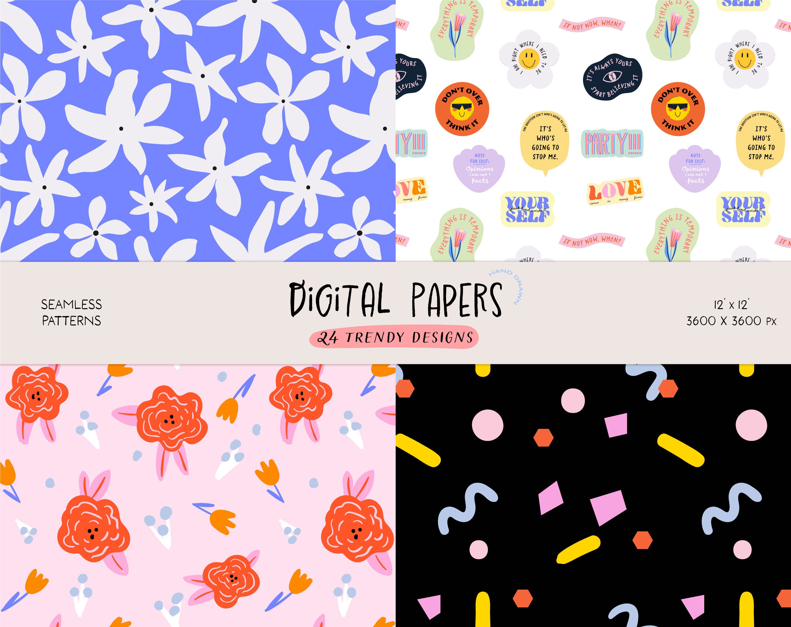 Cute Paper Pack. Digital Seamless Patterns Bundle Abstract Floral ...