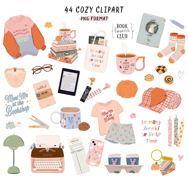 Cozy Book Lovers Clipart, Cute Coffee Bookshop, Fall Bookworms Cozy ...