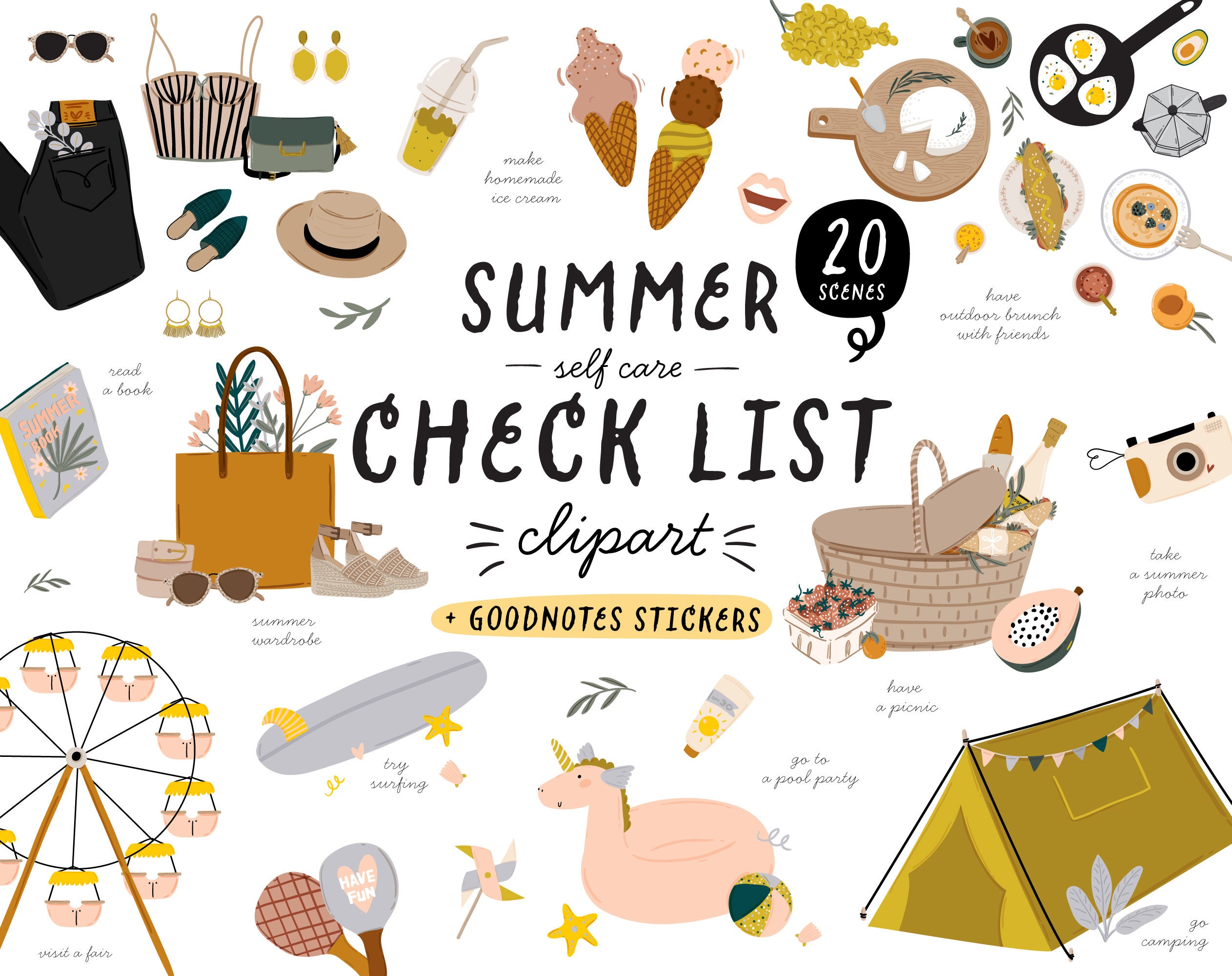 Summer Vibes Clipart Digital Goodnotes Stickers, Summer Picnic Tropic ...