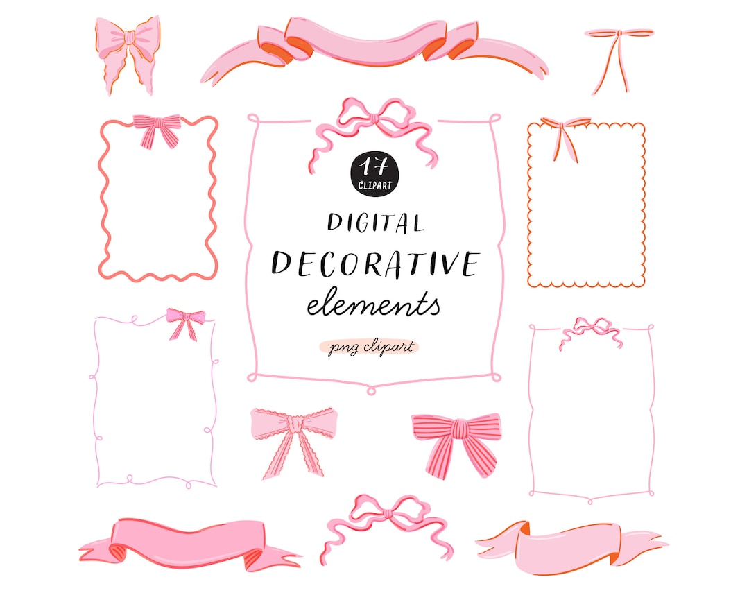 Pink Digital Decoration Clipart Pack - Bows, Borders, Ribbons Instant ...