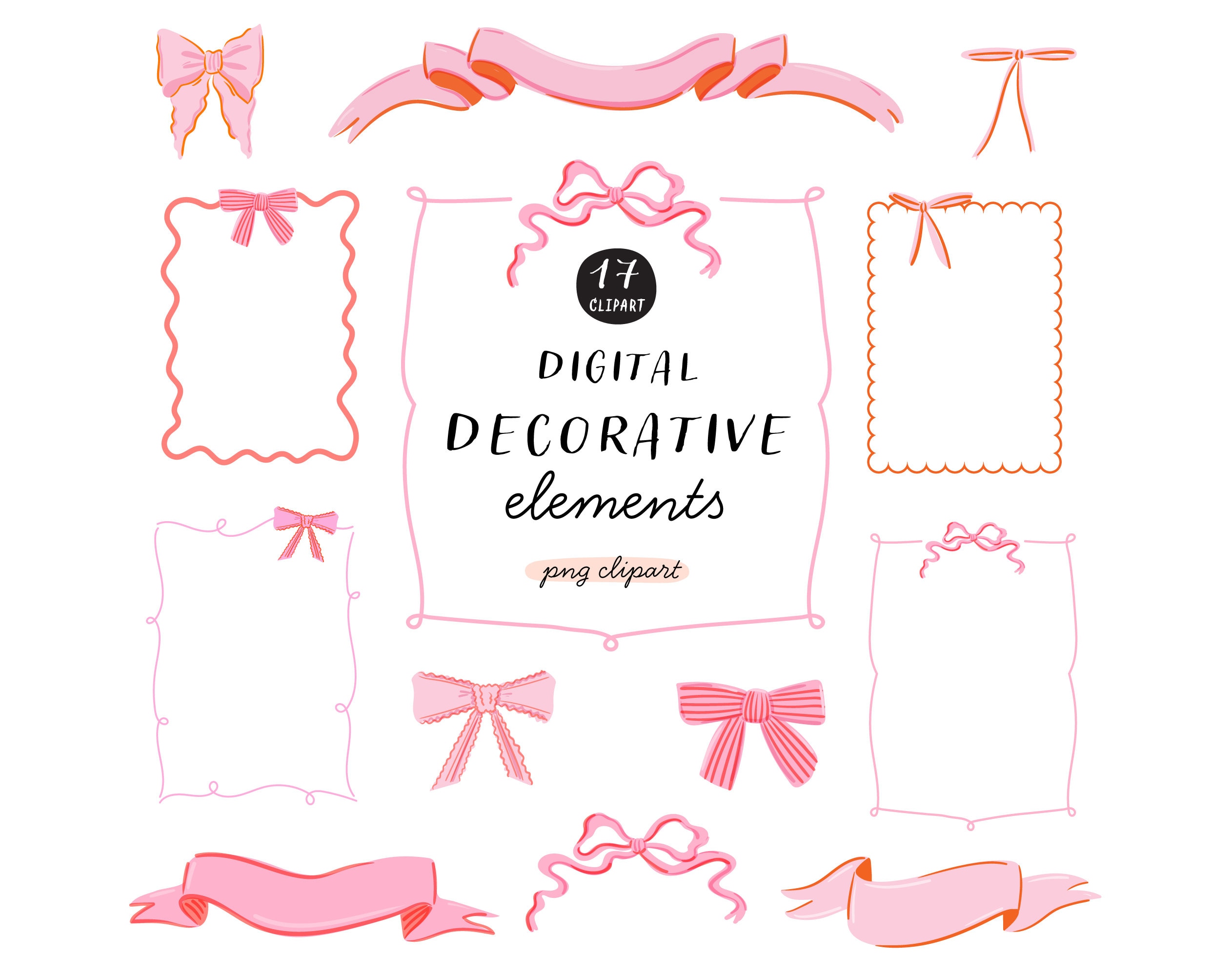 Pink Digital Decoration Clipart Pack - Bows, Borders, Ribbons Instant ...