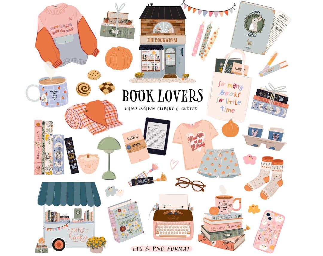 Book Lovers Clipart. Cozy Reading PNG Bundle, Cute Bookish Fall ...