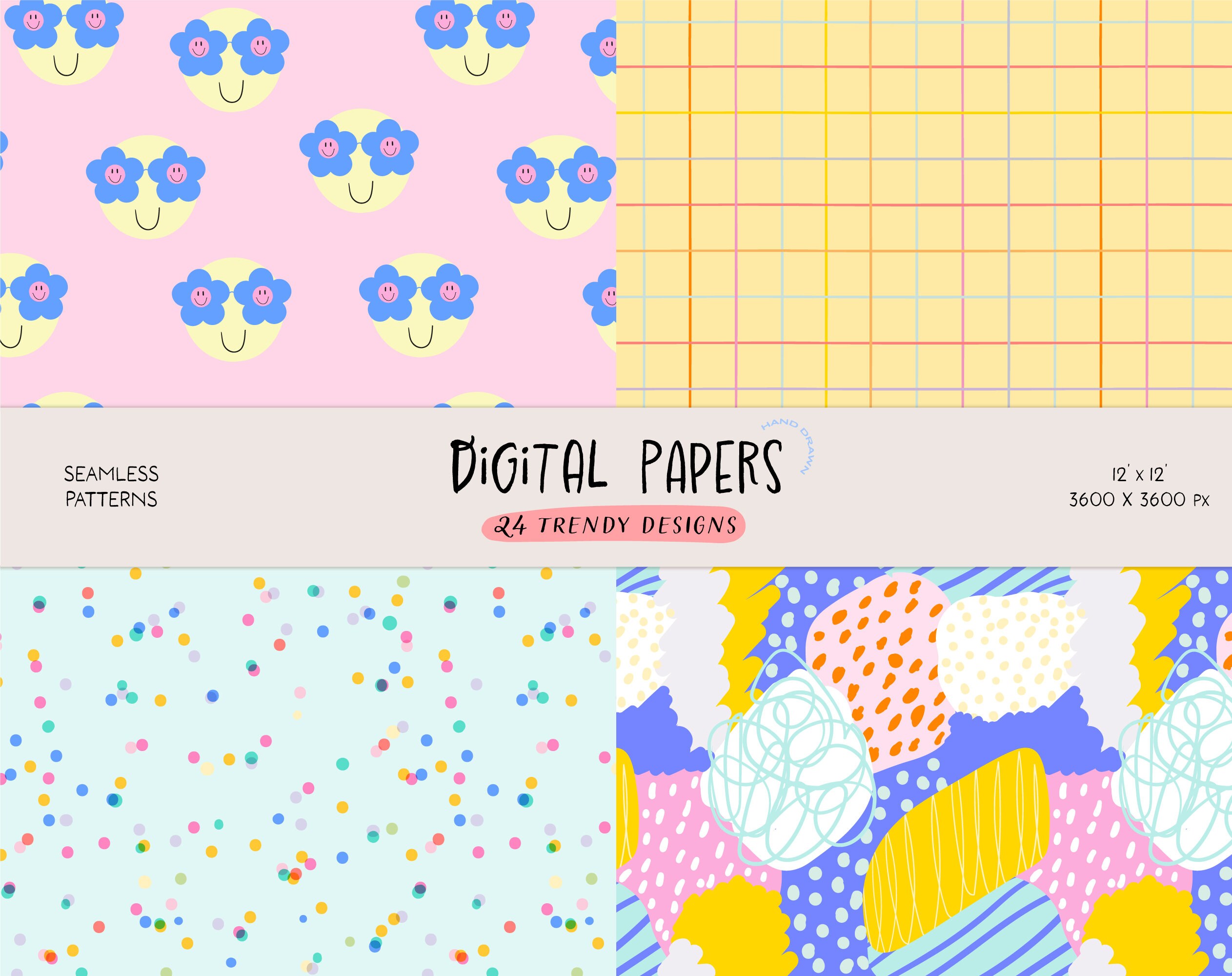 Cute Paper Pack. Digital Seamless Patterns Bundle Abstract Floral ...