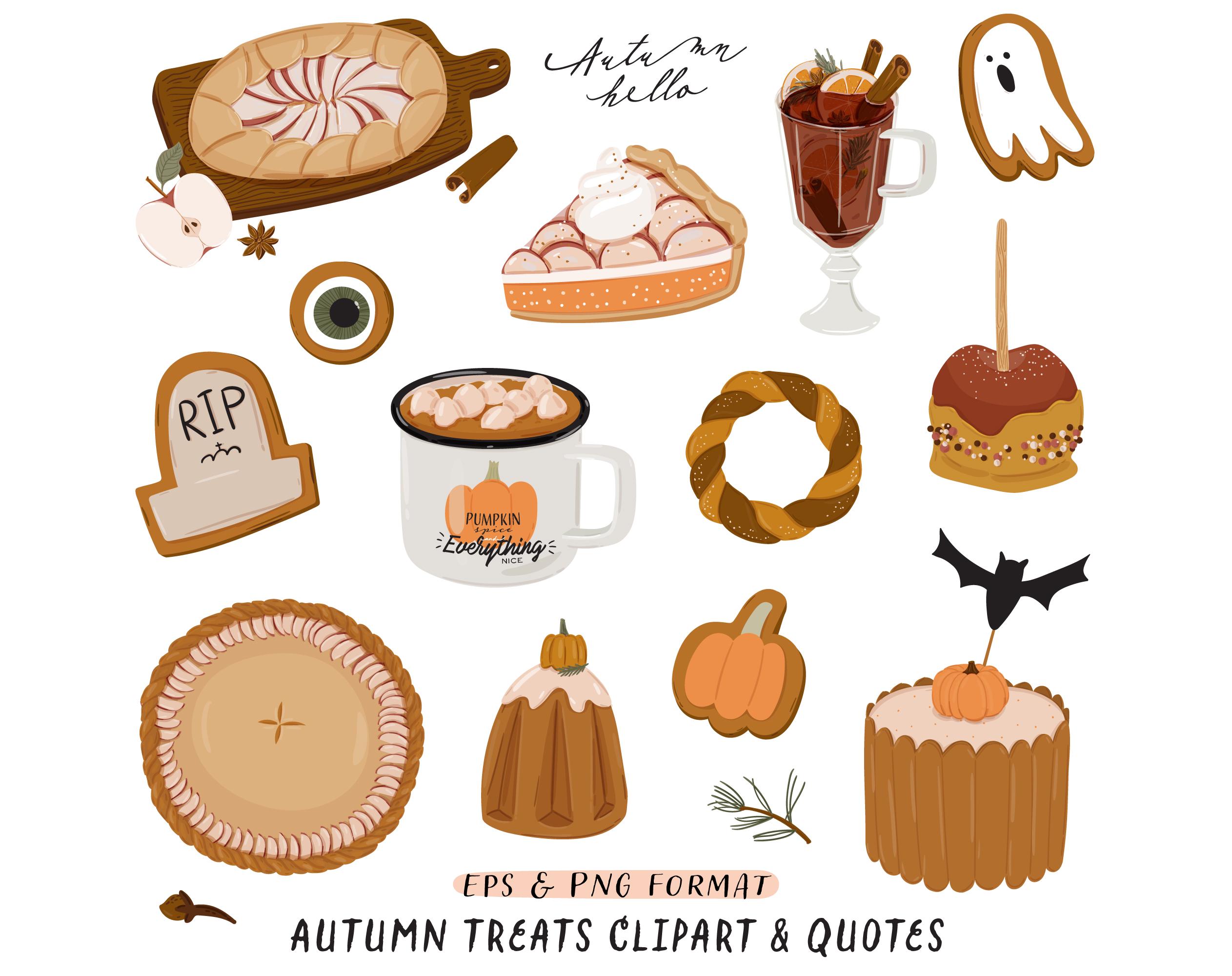 Autumn Food Clipart: Fall Treats Illustration. Pumpkin Pie Tea Cocoa ...