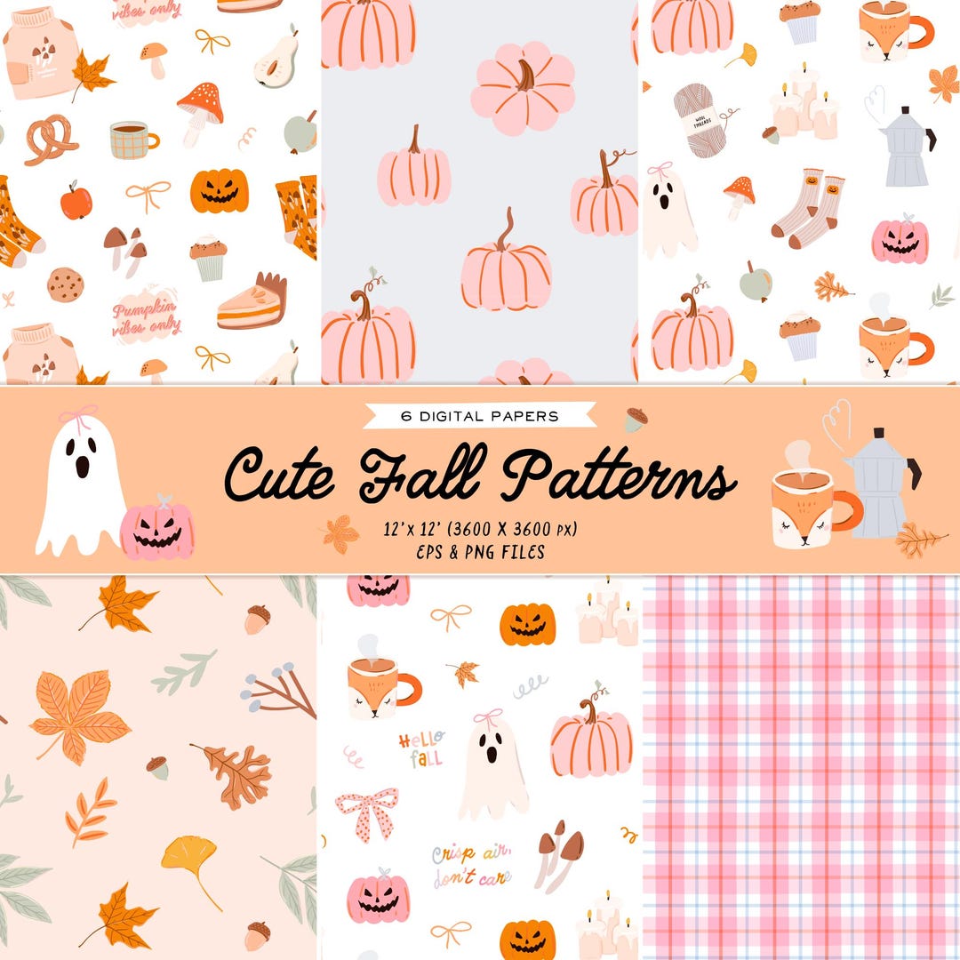 Cute Fall Digital Paper Bundle, Seamless Autumn Pumpkin Patterns, Cozy ...