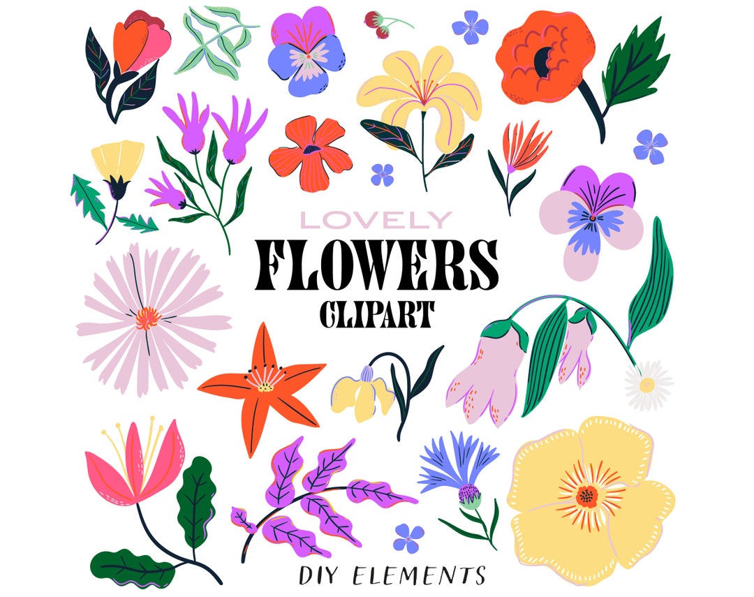 Digital Flowers Clipart, Bright Floral Clipart, Hand Drawn Summer ...