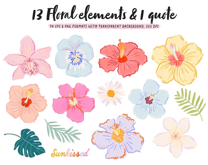 Tropical Flowers Clipart Bundle, Hand Drawn Summer Floral PNG EPS ...