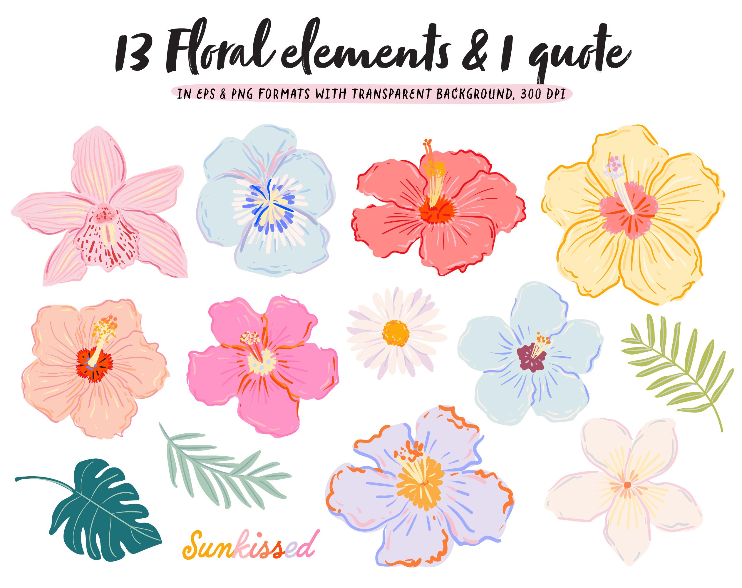 Tropical Flowers Clipart Bundle, Hand Drawn Summer Floral PNG EPS ...
