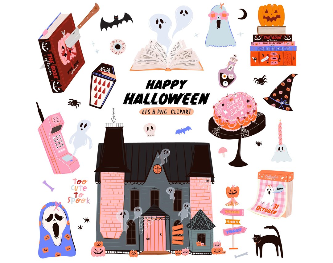 Pastel Halloween Clipart Bundle, Spooky Kawaii Stickers, Retro 90s ...
