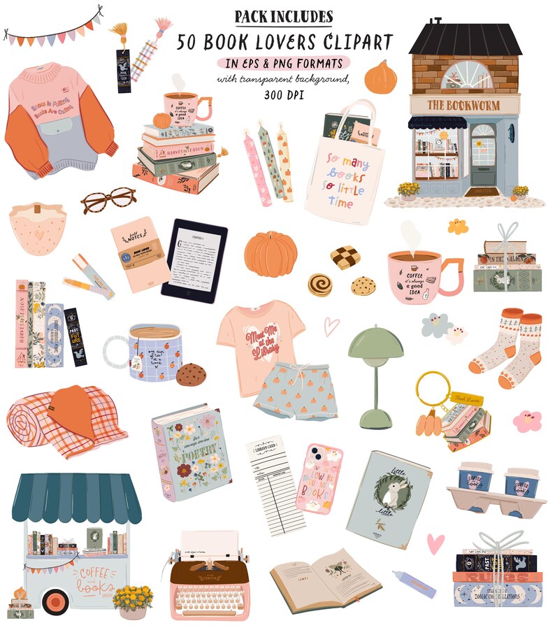 Book Lovers Clipart. Cozy Reading PNG Bundle, Cute Bookish Fall ...