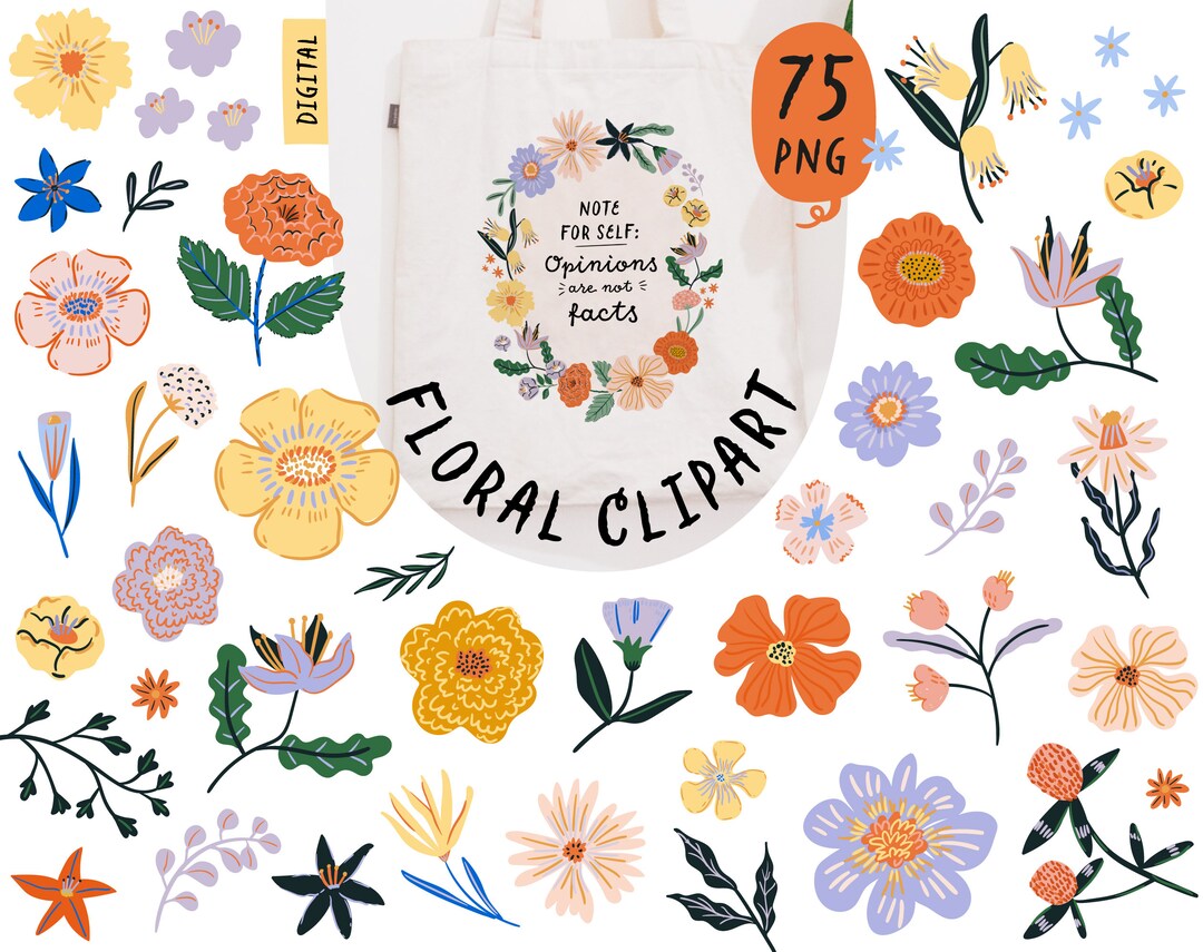 Digital Flowers Clipart, Floral Stickers, Hand Drawn Summer Flowers ...
