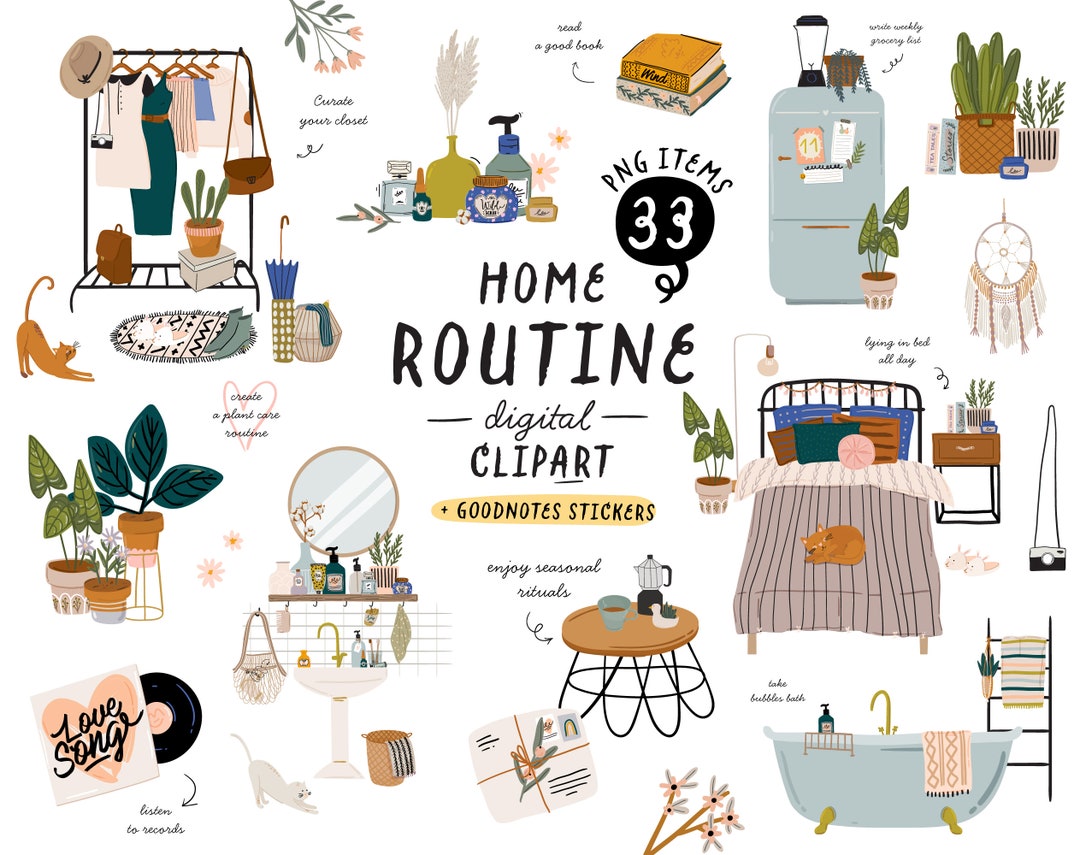 Everyday Chores Digital PNG Clipart Set for Home Routine, Interior ...