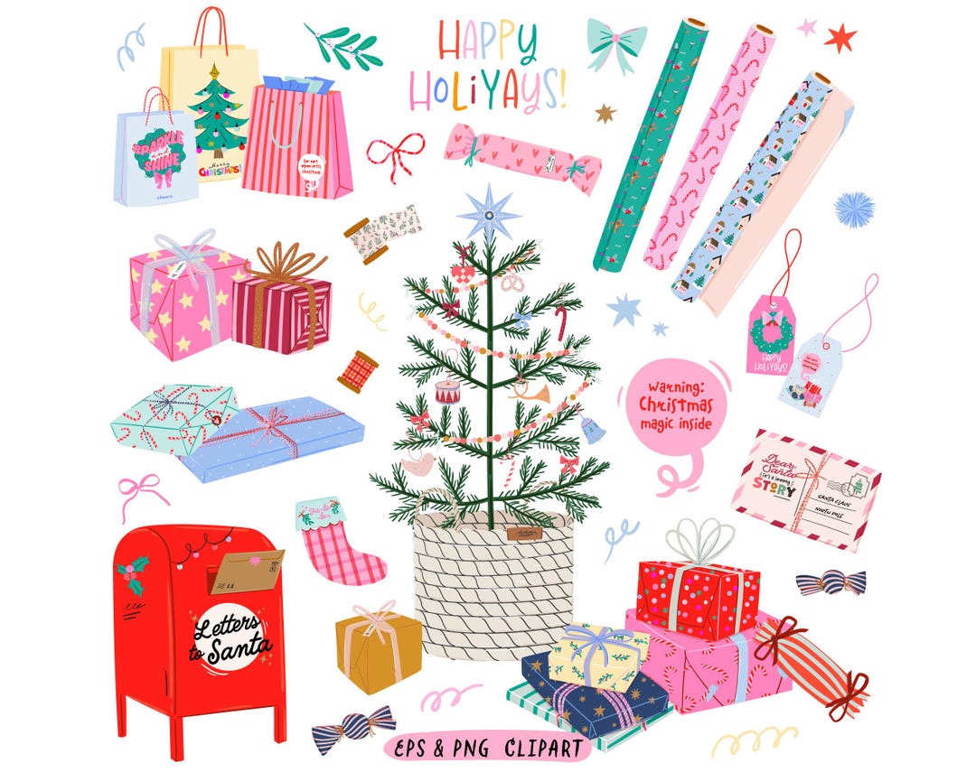 Cute Christmas Clipart Set, Holiday Gift Wrapping Illustrations ...