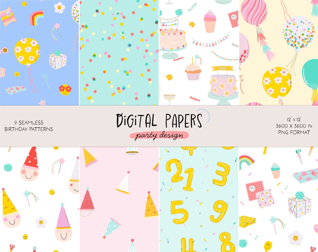 Cheerful Happy Birthday Digital Papers Party Seamless Pattern Scrapbook ...