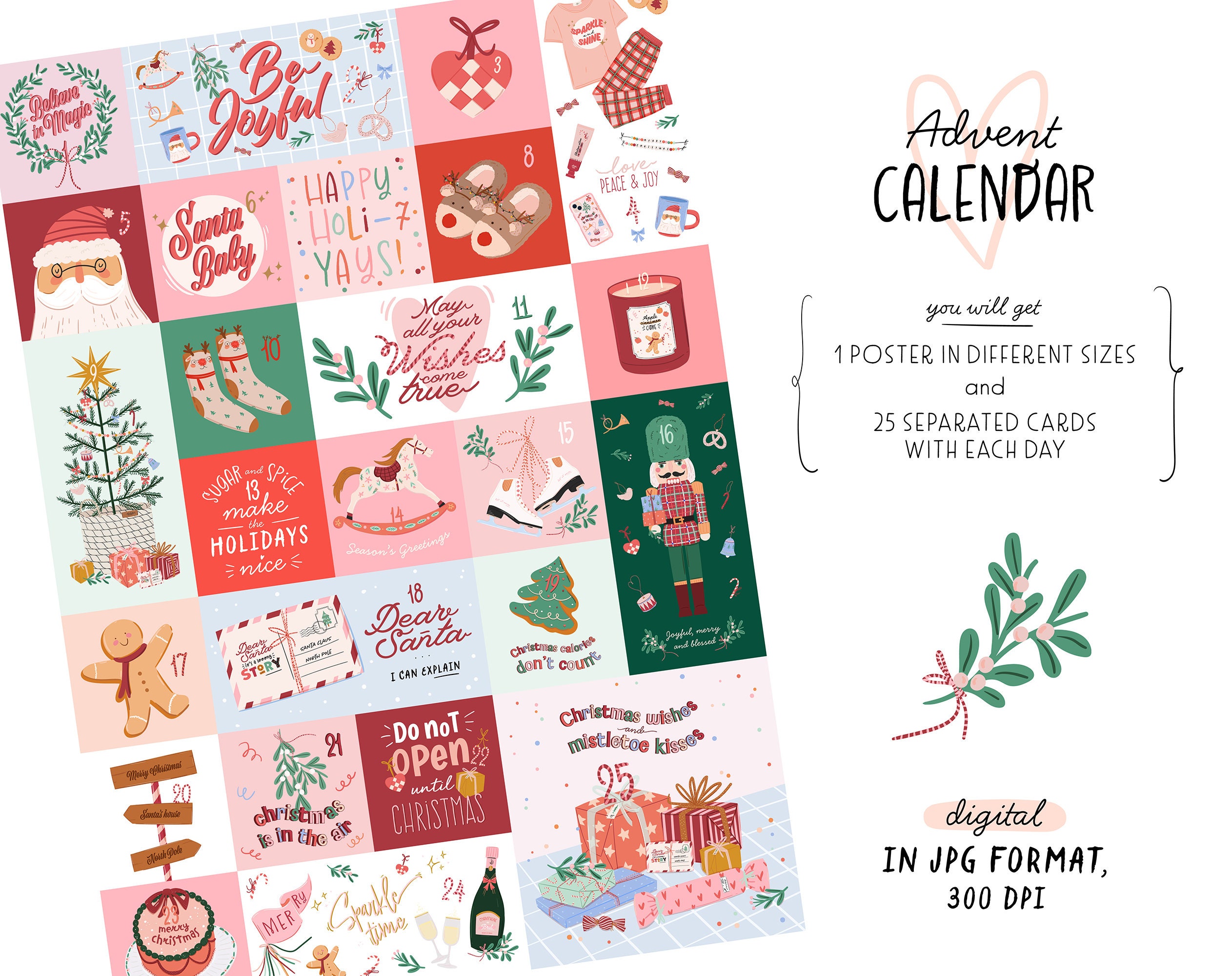 Printable Advent Calendar, Cute Christmas Countdown, Holiday Wall Art ...