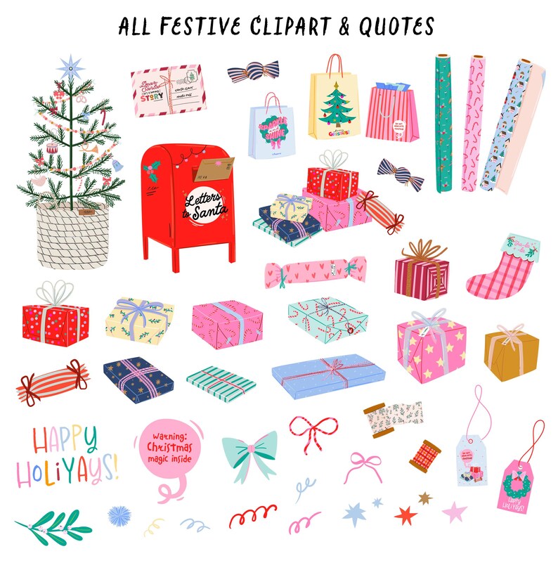 Cute Christmas Clipart Set, Holiday Gift Wrapping Illustrations ...