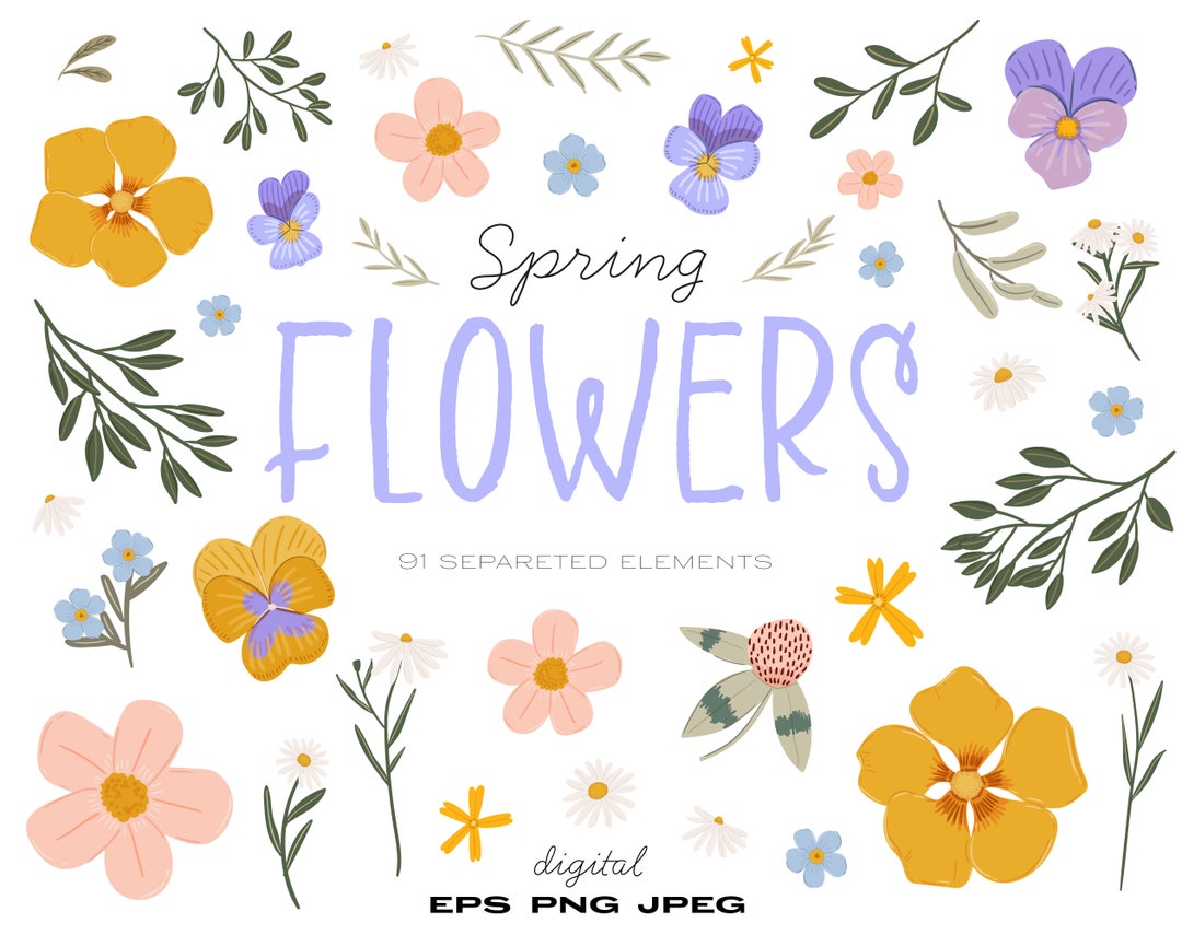 Spring Flowers Digital Clipart - Hand Drawn Floral Clipart, Botanical ...