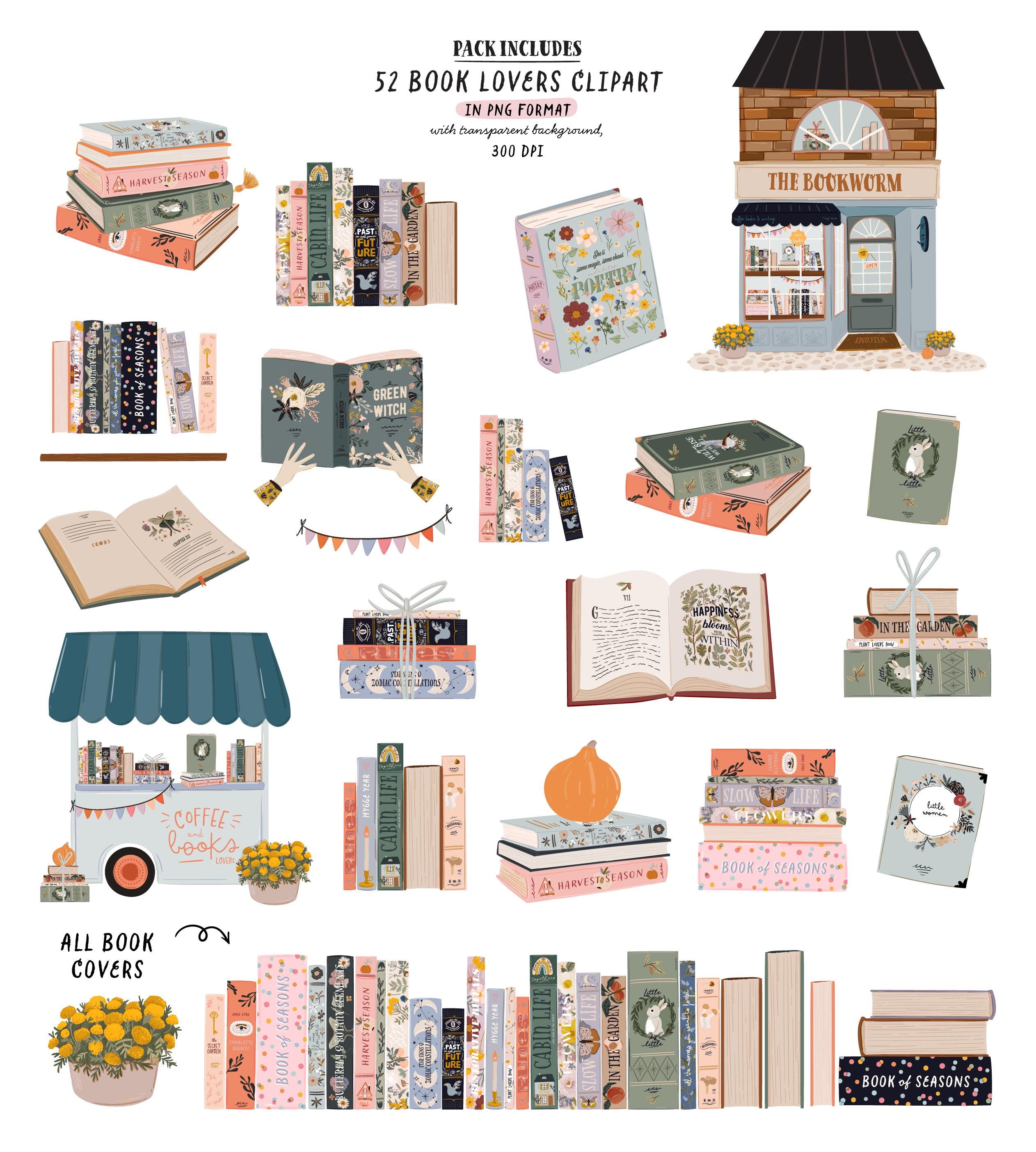 Book Lovers Clipart Bundle, Cozy Bookstore Aesthetic, Bookworms Clipart ...