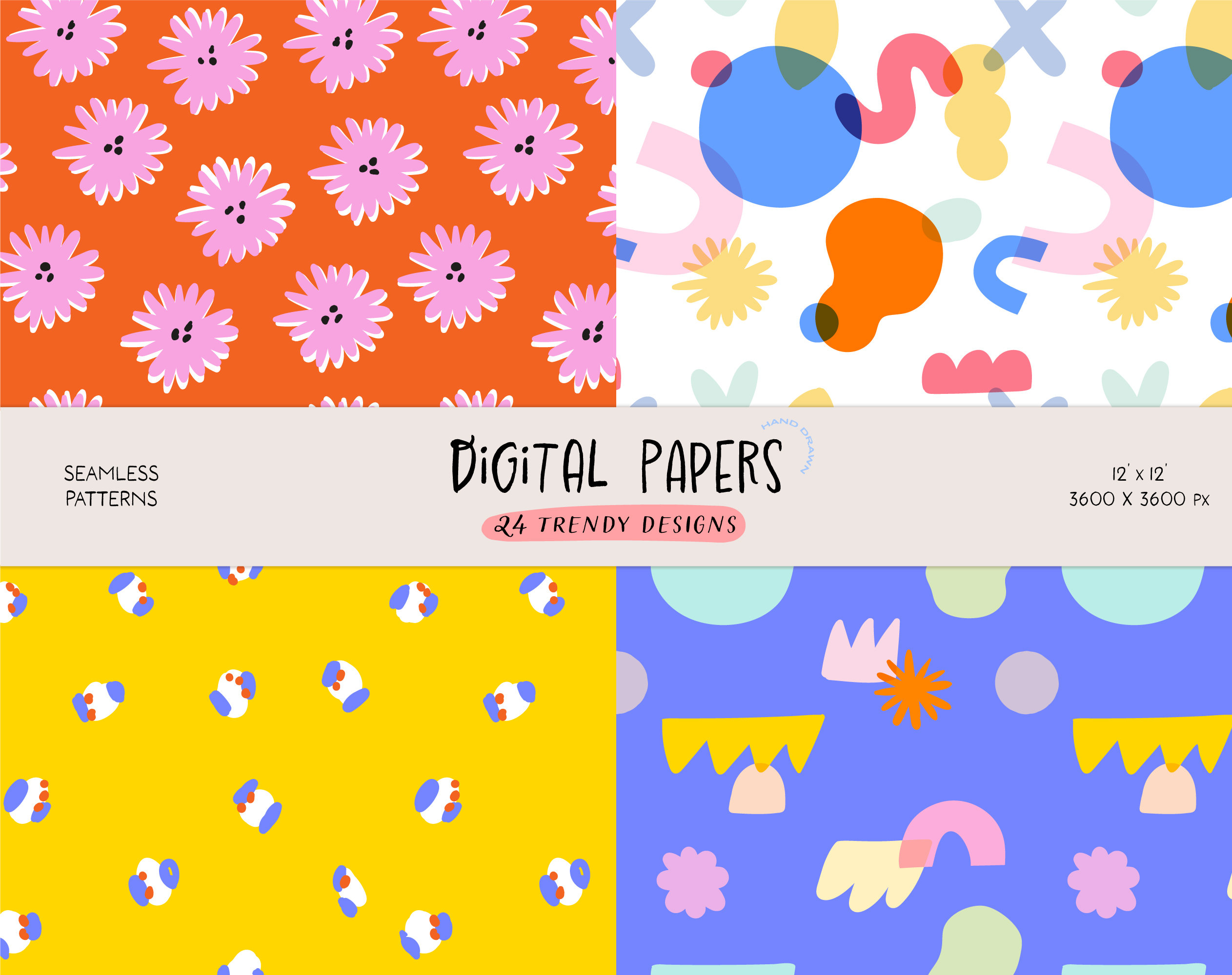 Cute Paper Pack. Digital Seamless Patterns Bundle Abstract Floral ...