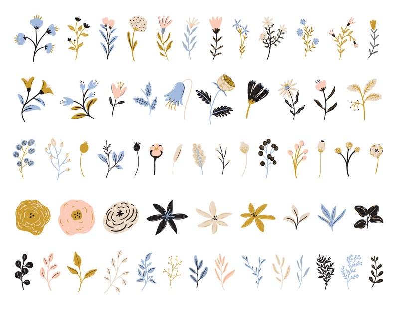 Digital Flowers Clipart PNG Hand Drawn Floral Illustration, Botanical ...