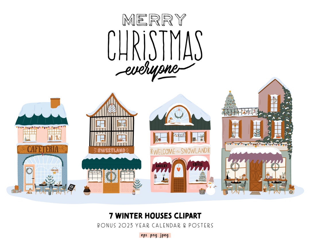 Christmas Town Winter House Clipart, Festive Winter Village Clipart ...