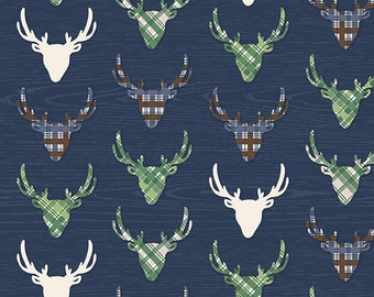 White on Navy Deer Head Fabric White Deer On Navy By Modfox