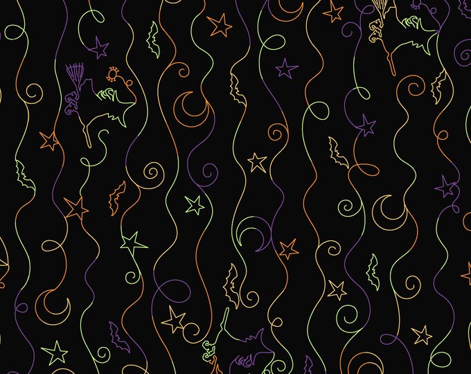 Remnant 1/2 Yard, Multi-color Loopy Lines on Black Fabric, Hometown ...