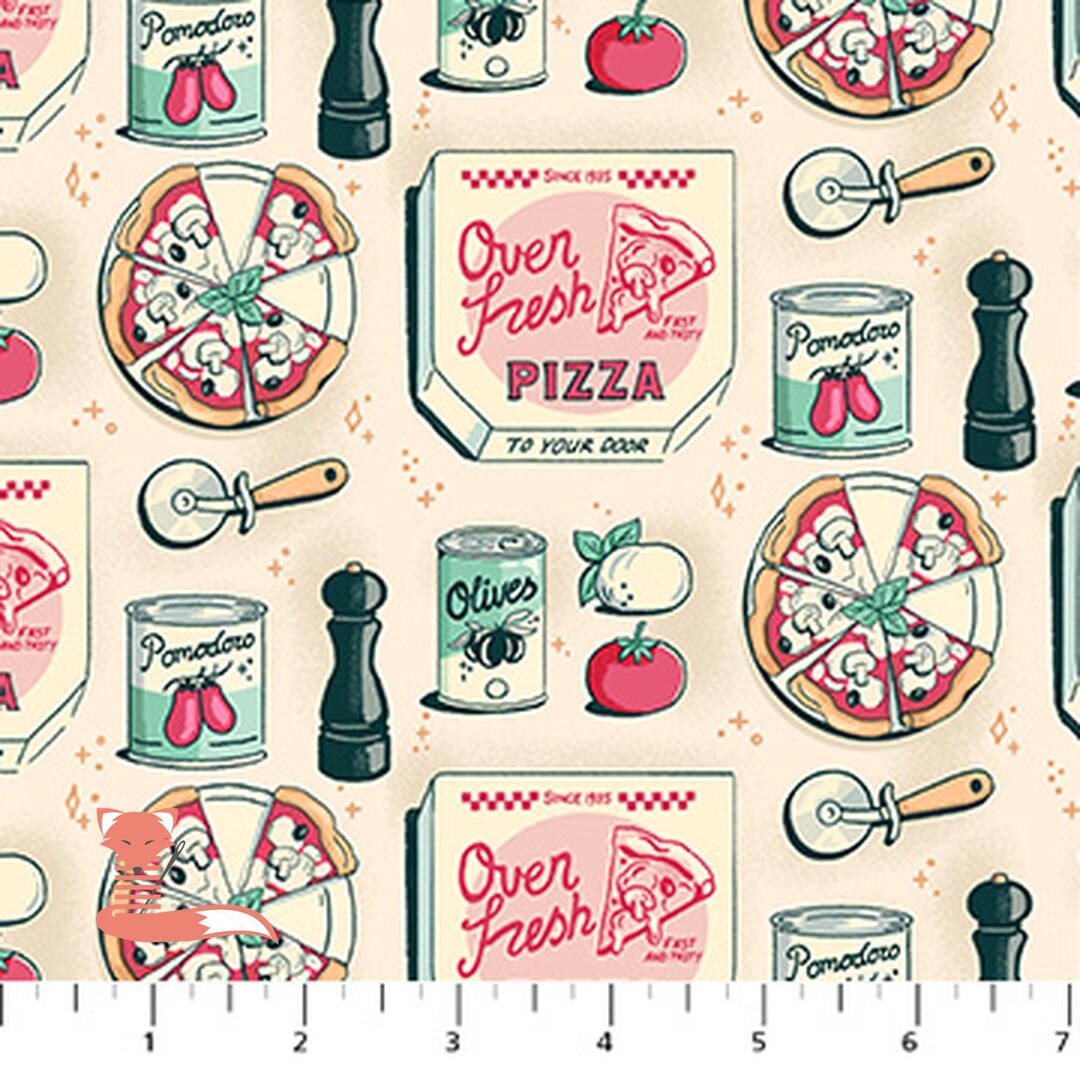 Pizza Fabric on Cream, Oven Fresh, Figo Fabrics, 100% Cotton, 91132-11 ...