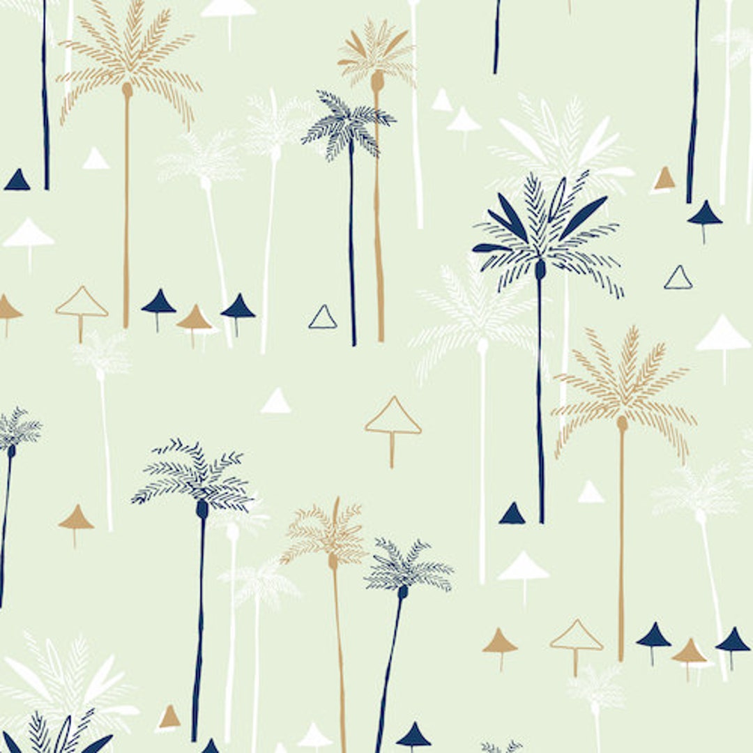 Palm Tree Fabric on Mint, Blue and Gold Palm Trees, Ocean Drive ...
