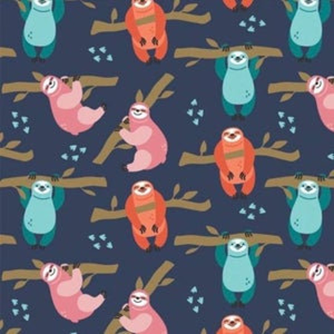 Remnant 34, Sloths on Navy, Born to Be Mild, Camelot Fabrics, 100% ...