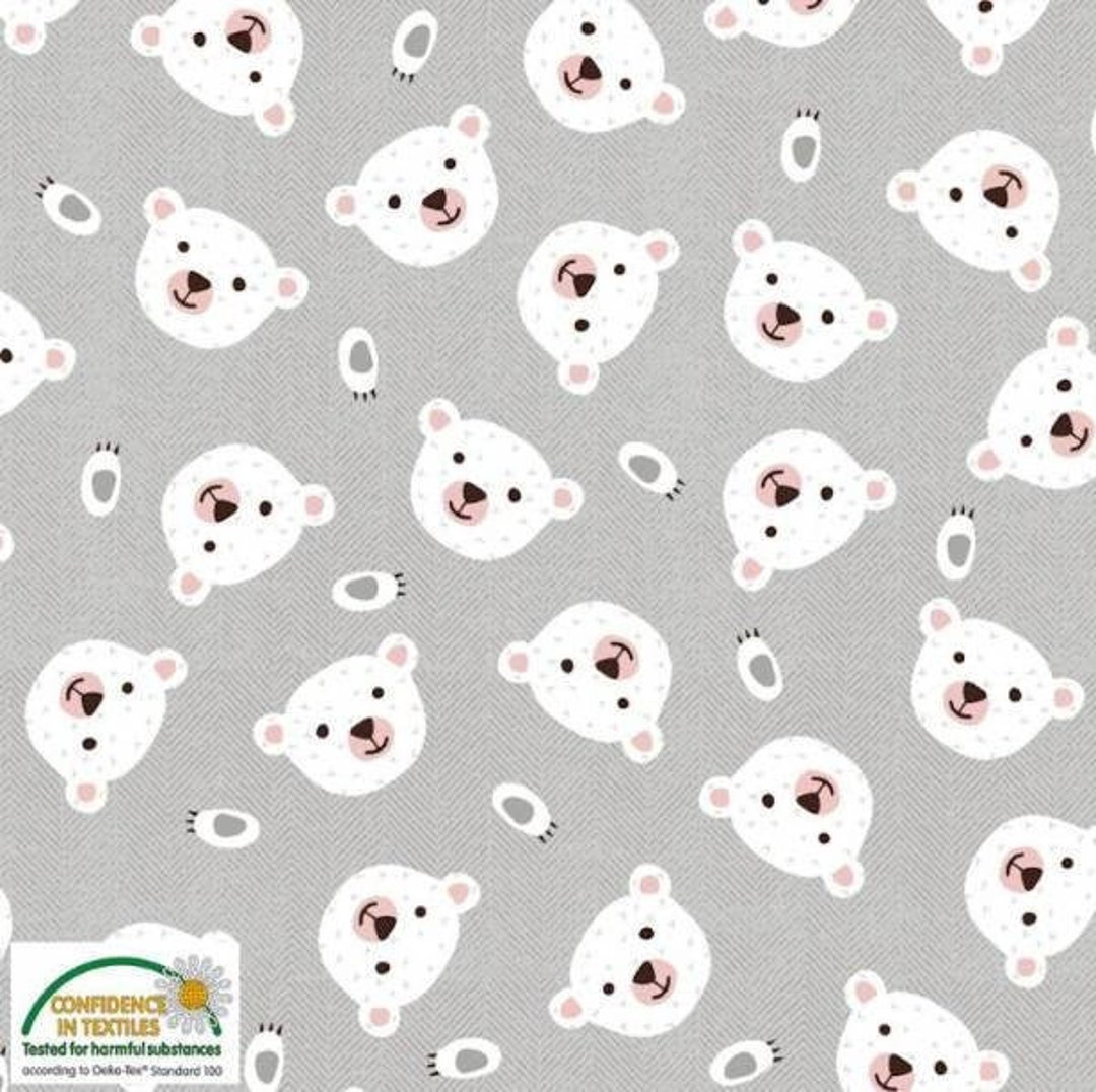 Polar Bear Fabric on Gray, Nordic Friends Forever, Stof Fabrics, 100% ...