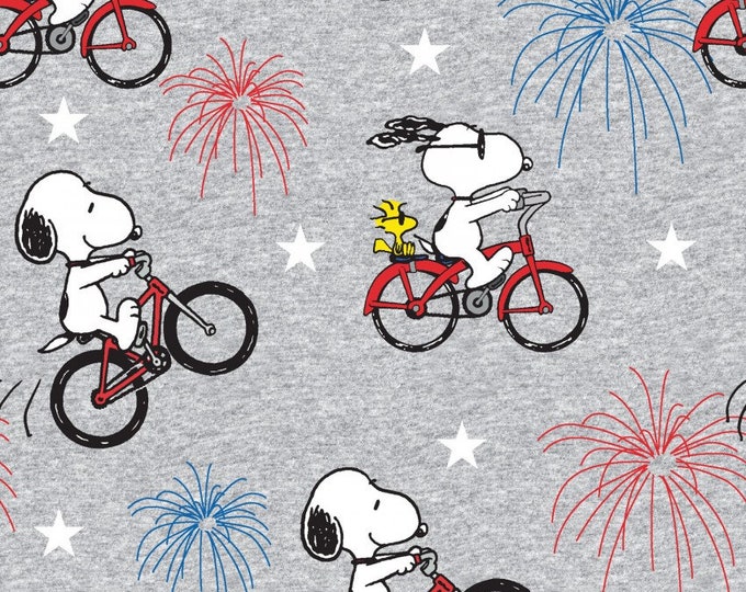 Snoopy Riding a Bicycle, Patriotic Fabric on Gray, Springs Creative ...