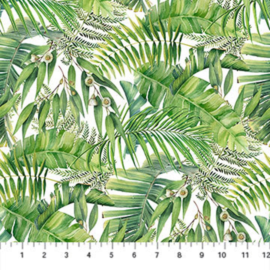 Remnant 1 Yard 8, Packed Ferns on White Fabric, Flamingo Bay, Northcott Fabrics, 100% Cotton ...