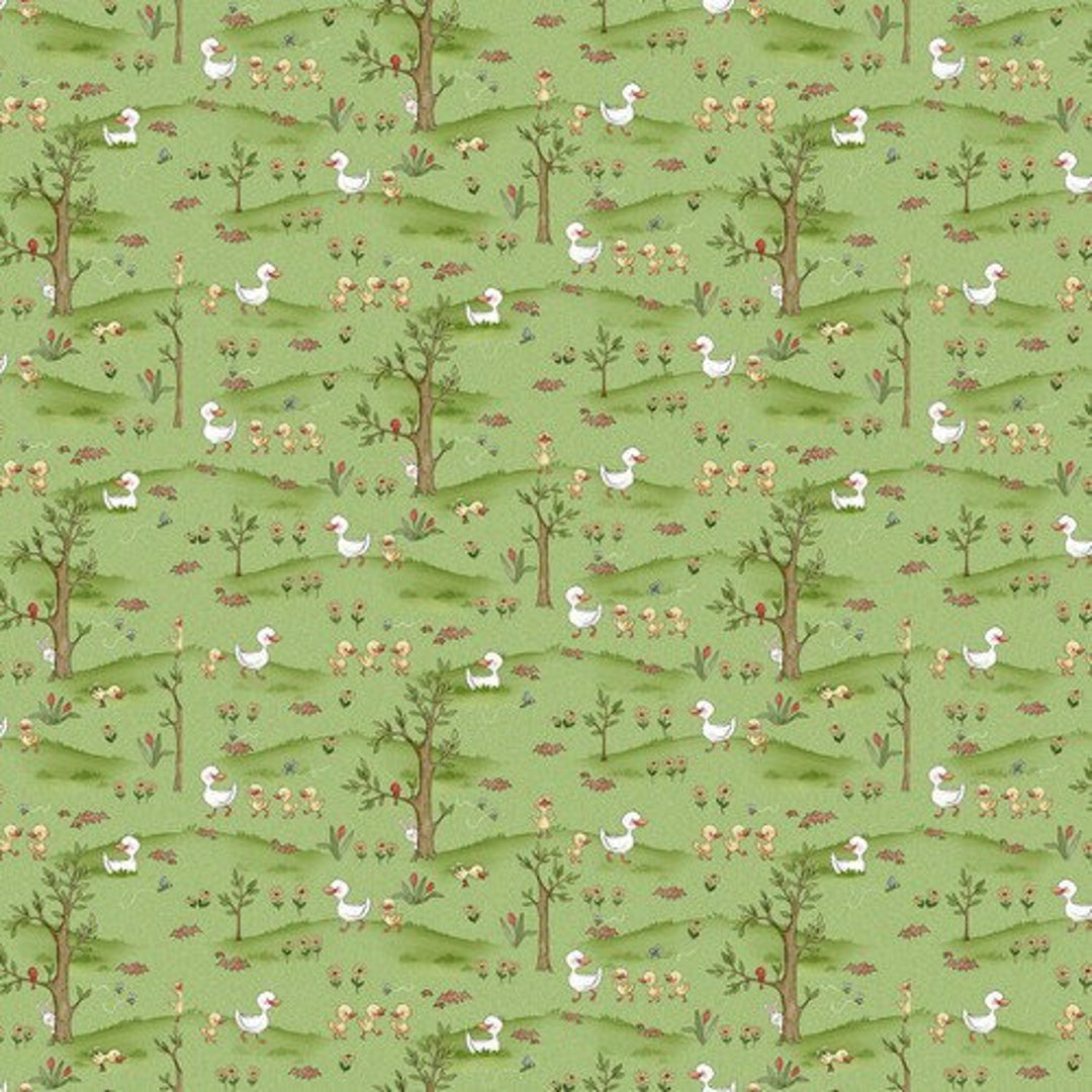 Remnant 1 Yard, Ducks on Green Grass Fabric, River Romp, Henry Glass ...