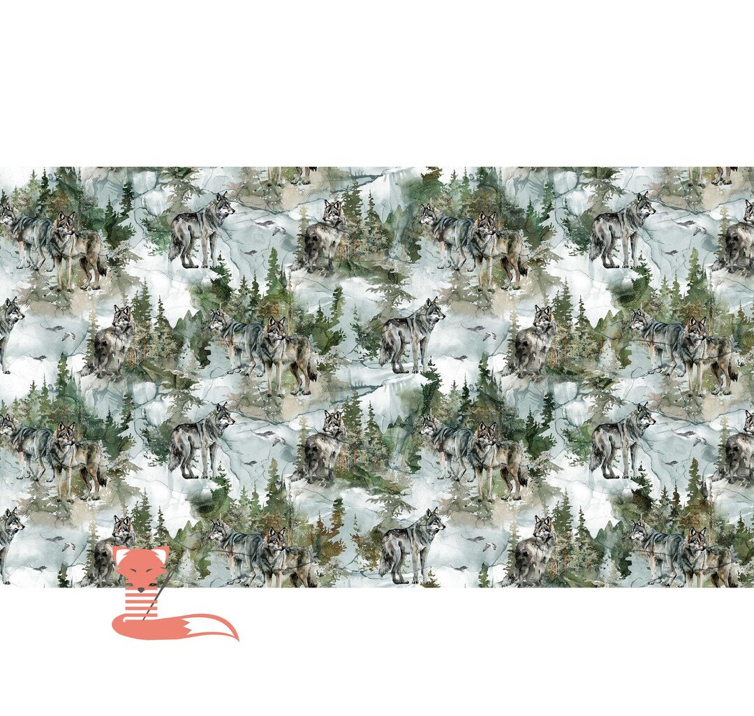 Remnant 1 Yard, Wolves and Trees Fabric, Teal Multi, Lone Wolf ...