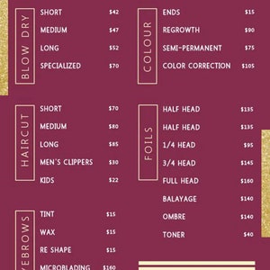Custom Menu Board Price List for Salon Tanning Spa Barber Beauty ...